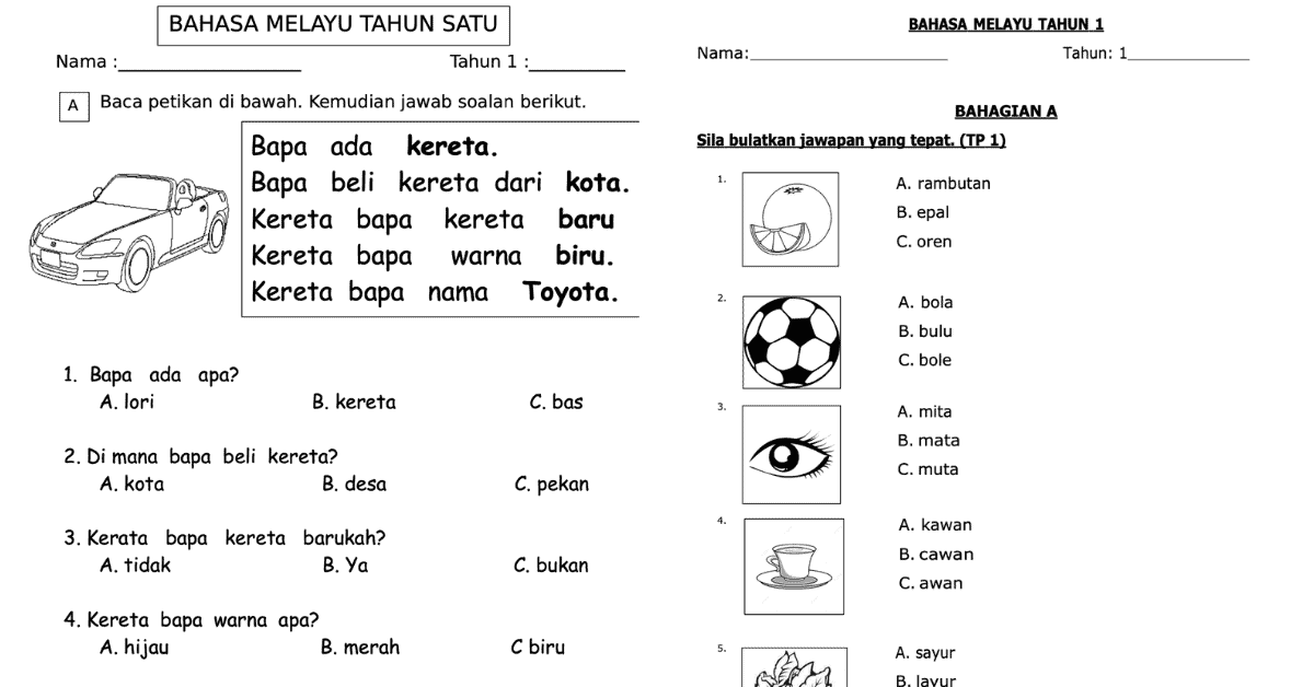 Koleksi Latihan Bahasa Melayu Tahun 1
